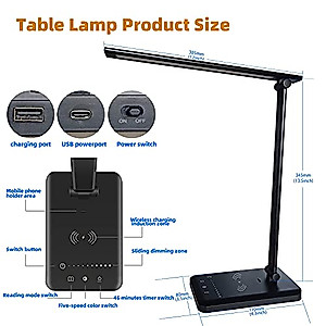 LED Desk Lamp with Wireless Charger, USB Charging Port, Table Lamp with 5 Lighting Modes & 10 Brightness Levels, Touch Control, Auto Timer, Dimmable Desk Light for Home Office (Black)