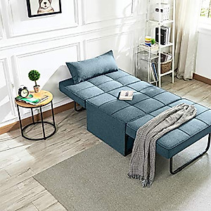 Vonanda Sofa Bed, Convertible Chair 4 in 1 Multi-Function Folding Ottoman Modern Breathable Linen Guest Bed with Adjustable Sleeper for Small Room Apartment,Denim Blue