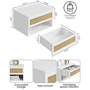 Floating Nightstand, Small Modern Floating Nightstand with Drawer, Floating Shelves for Bedroom, Bathroom (White Rattan)