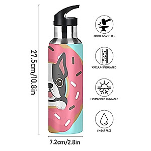 Yasala Water Bottle Dog Donut French Bulldog Coffee Thermos Stainless Steel Insulated Beverage Container 20 oz with Straw Lid BPA-Free for Sport, Travel, Camping, Back to School