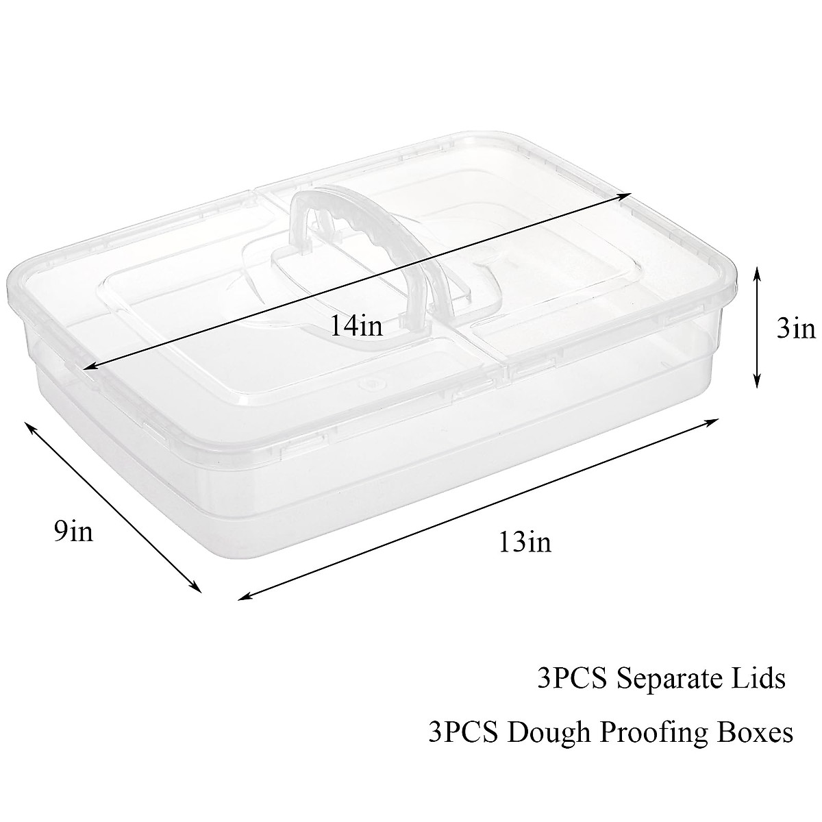 Lawei 3 Pack Pizza Dough Proofing Box, 14 x 10 Inch Dough Trays with Lid and Handle for Pizza, Stackable Pizza Bread Fermentation Storage Containers, Translucent Box with Cover Dough Tray, BPA Free