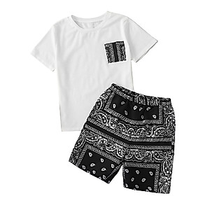 SOLY HUX Boys Boho Paisley Print Short Sleeve T Shirt and Shorts Set 2 Piece Outfits Black and White Paisley 13-14Y