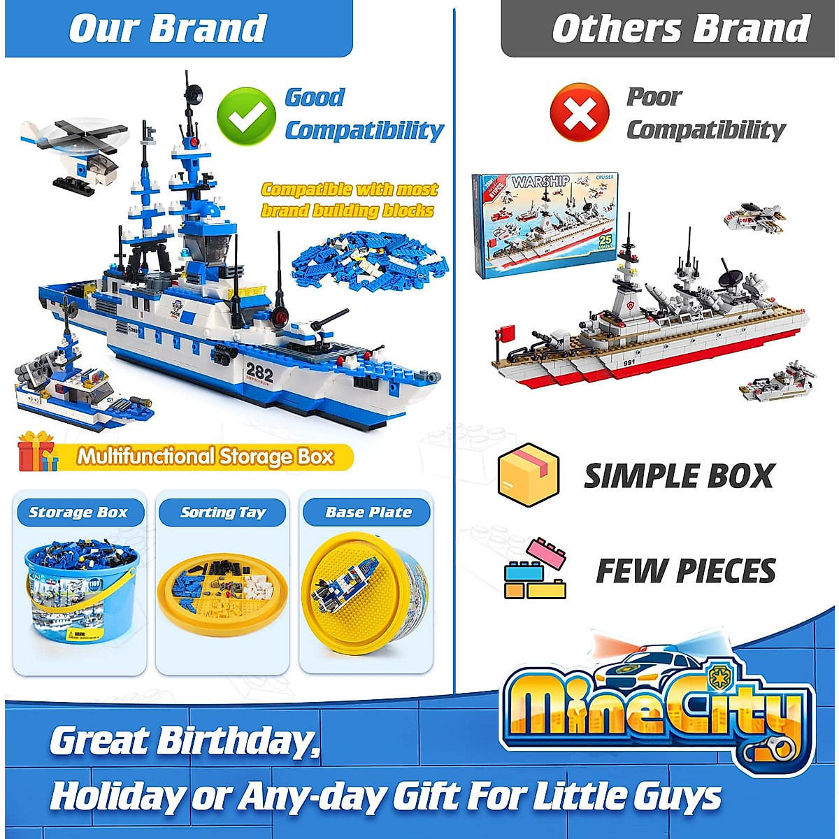 WishaLife 1169 Pieces City Police Station Building Kit, 6 in 1 Military Battleship Building Toy, with Police Cars, Boat, Airplane, Best STEM Construction Toy Gift for Boys and Girls 6-12