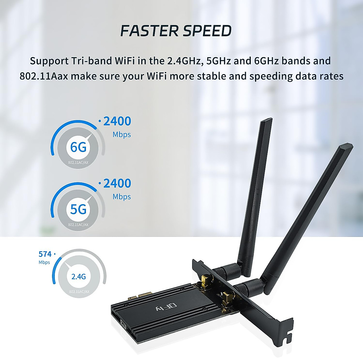 QFly PCIe WiFi 6E Card, AX210 Network Card Adapter for PC Gaming, Bluetooth 5.3, Tri-Band (802.11ax) 5400Mbps 6GHz Wireless LAN Cards with MU-MIMO, OFDMA, Support Windows 10/11 (64-bit)