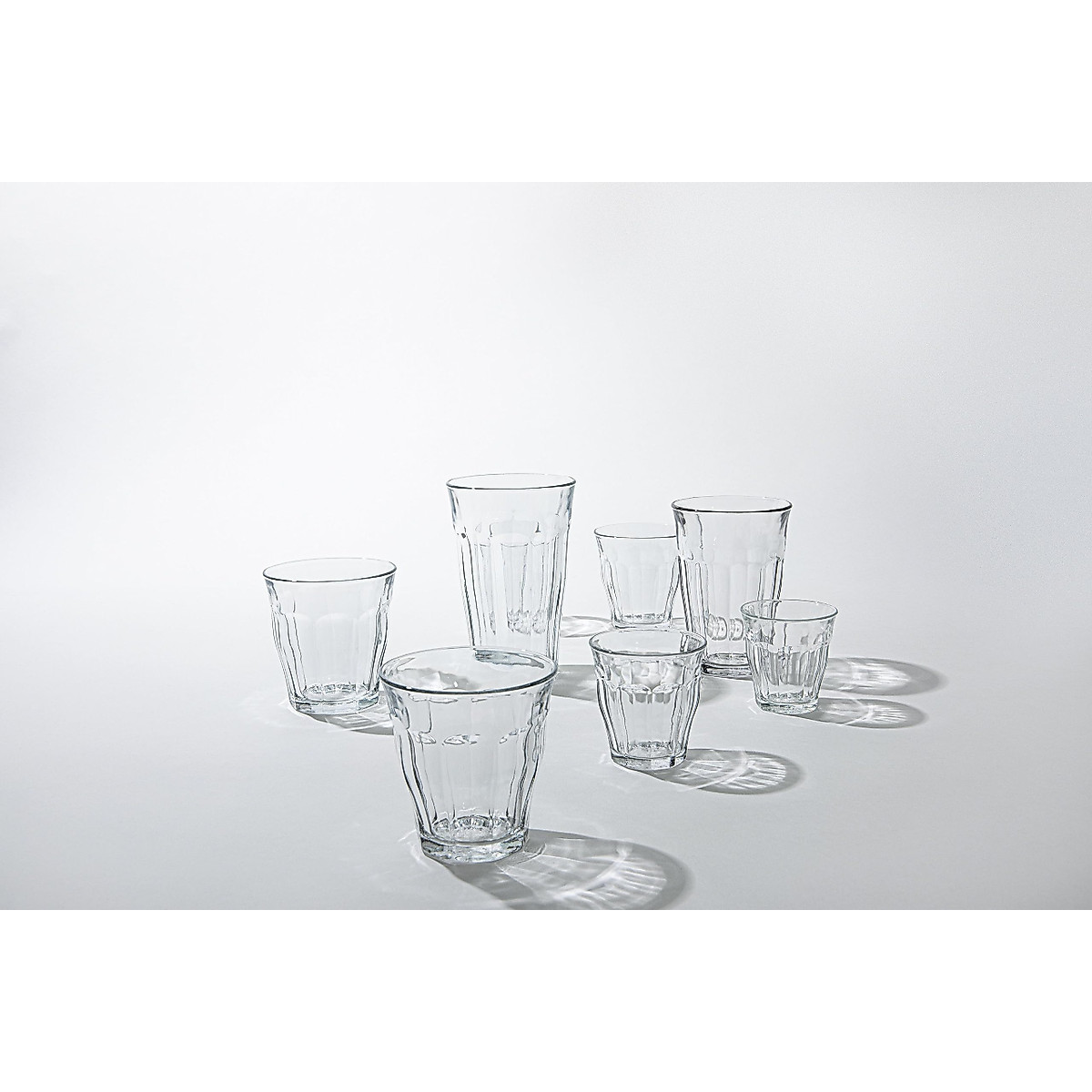 Duralex Made In France Picardie 18-Piece Glass Tumbler Drinking Set, Clear. Set includes; (6 Units) 8-3/8 oz Tumblers; (6 Units) 10-3/8 oz Tumblers; (6 Units) 12-1/8 Tumblers