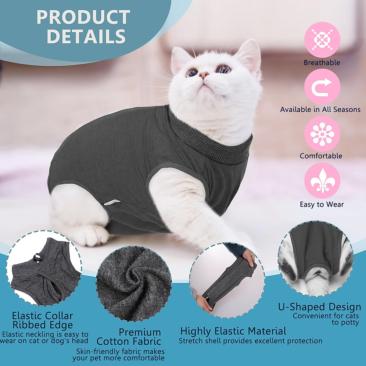 SUNFURA Cat Recovery Suit, Cat Onesie for Cats After Surgery, Breathable Cat Surgical Spay Suit for Abdominal Wounds Skin Diseases, E-Collar Alternative Cat Surgery Shirt Anti Licking, Grey L