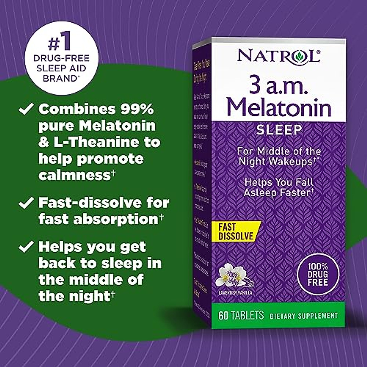 Natrol, 3 a.m. Melatonin Sleep Aid Strengthens Immune System 100 DrugFree and Natural Lavender Vanilla Flavor Fast Dissolve Tablets, 60 Count