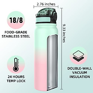 Fanhaw Insulated Water Bottle for On to Go - 20 oz (2 Lids) Dishwasher Safe Stainless Steel Double-Wall Vacuum Leak&Sweat Proof School Water Bottles with Flip Lid & Carabiner Lid (Green Pink)
