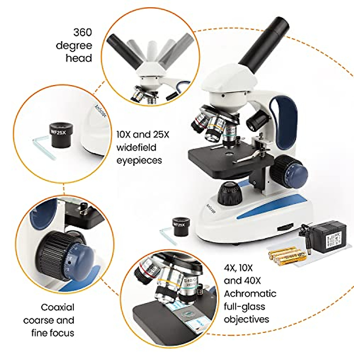 AmScope M158C-E Compound Monocular Microscope, WF10x and WF25x Eyepieces, 40x-1000x Magnification, Brightfield, LED Illumination, Plain Stage, 110V, Includes 0.3MP Camera and Software