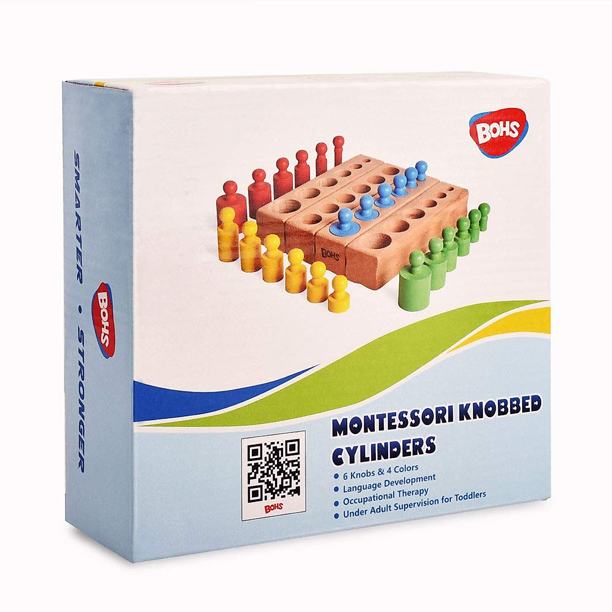 BOHS Montessori Knobbed Cylinders Blocks - 6 Pegs / 6.7 Inches - Colorful Wooden Early Home School Toys - 4pcs Set