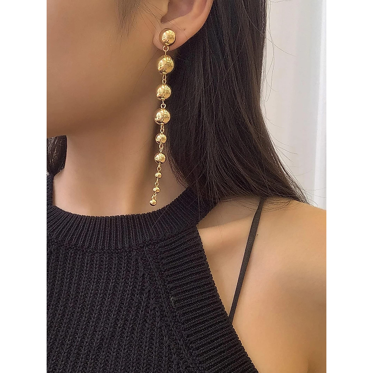 Gold Ball Dangle Earrings Link Round Ball Drop Earring for Women Statement Long Chain Ball Earrings Jewelry (Gold）