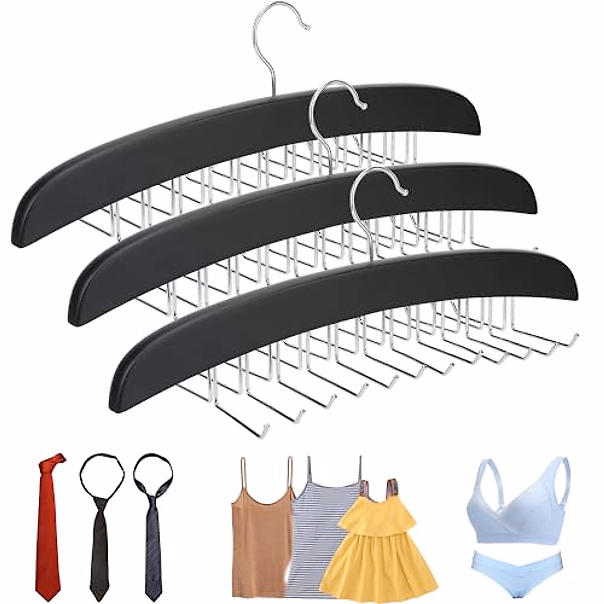 3 Packs Tank Top Hangers Space Saving, Tank Top Organizer Bra Hangers for Closet with 72 Foldable Metal Hooks, Wooden Tie Storage Hanger Racks for Camisoles, Bras, Belts, Scarfs(Black)