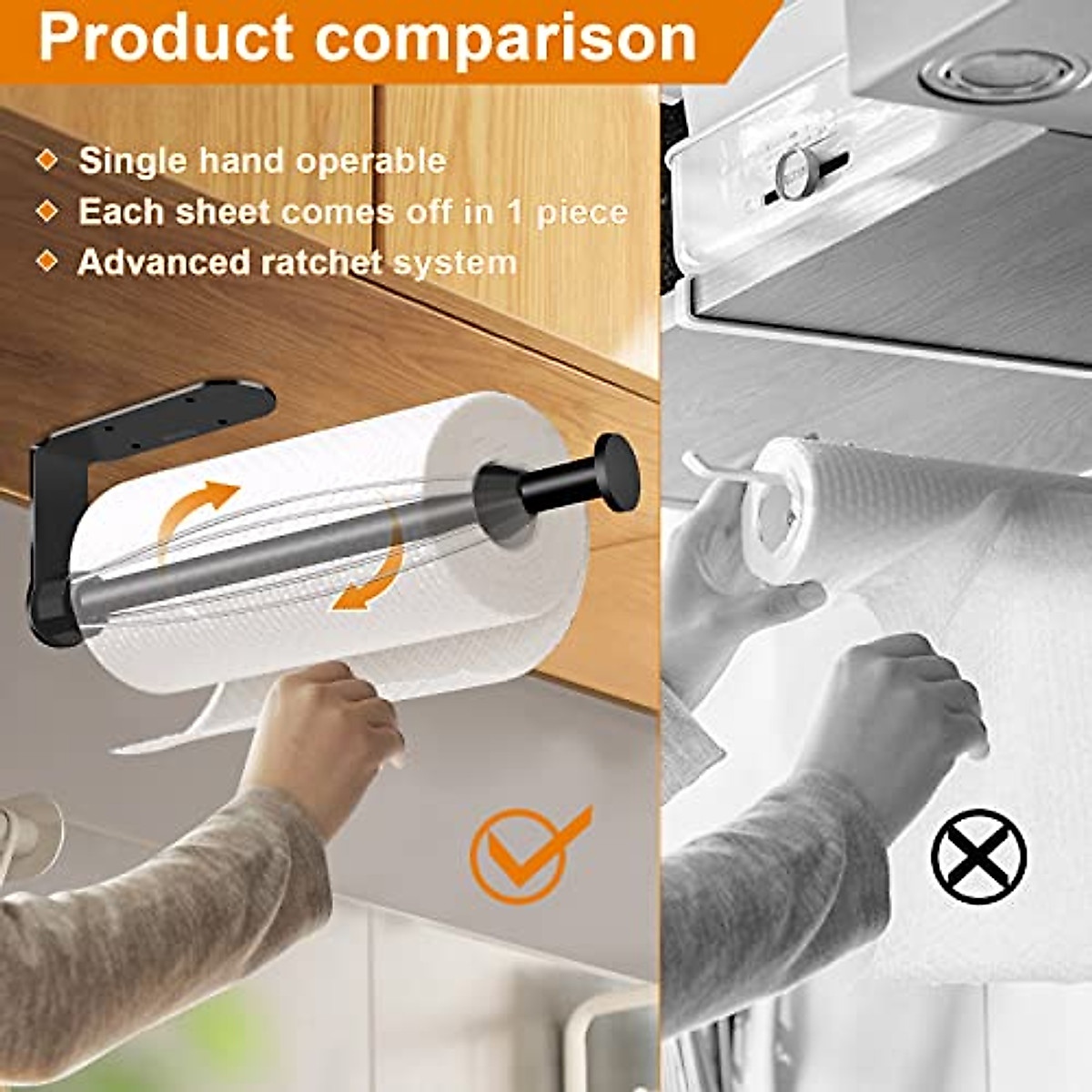 Paper Towel Holder Under Cabinet ,WACETOG Black Paper Towel Holder Wall Mount Single Hand Operable Kitchen Towel Holder