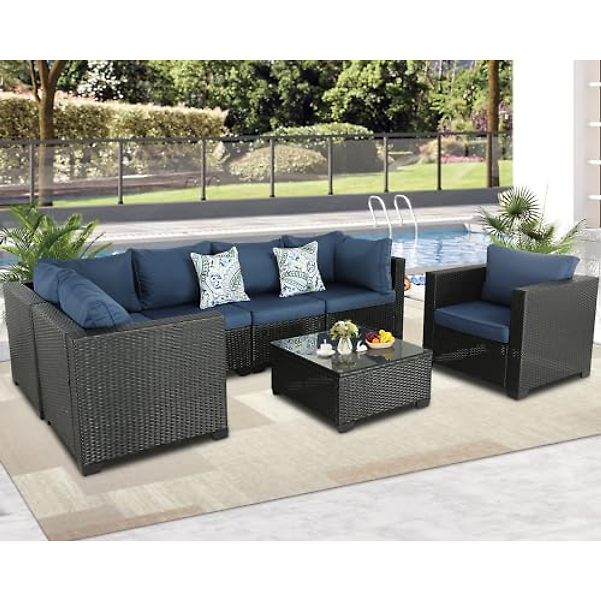 HTTH 7 Pieces Patio Furniture Sets Outdoor Rattan Wicker Conversation Sofa Garden Sectional Sets with Coffee Table for Porch Garden Poolside Backyard (Navy Blue)