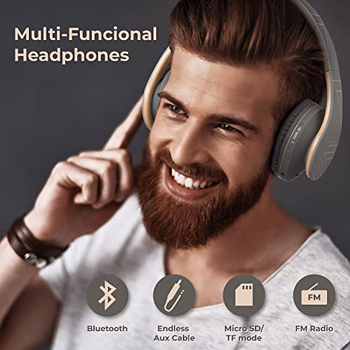 PowerLocus Bluetooth Headphones Over Ear, Wireless Headphones with Microphone, Foldable Headphone, Soft Memory Foam Earmuffs & Lightweight, Micro SD/TF, FM Radio for iPhone/Android/Tablet/PC/TV