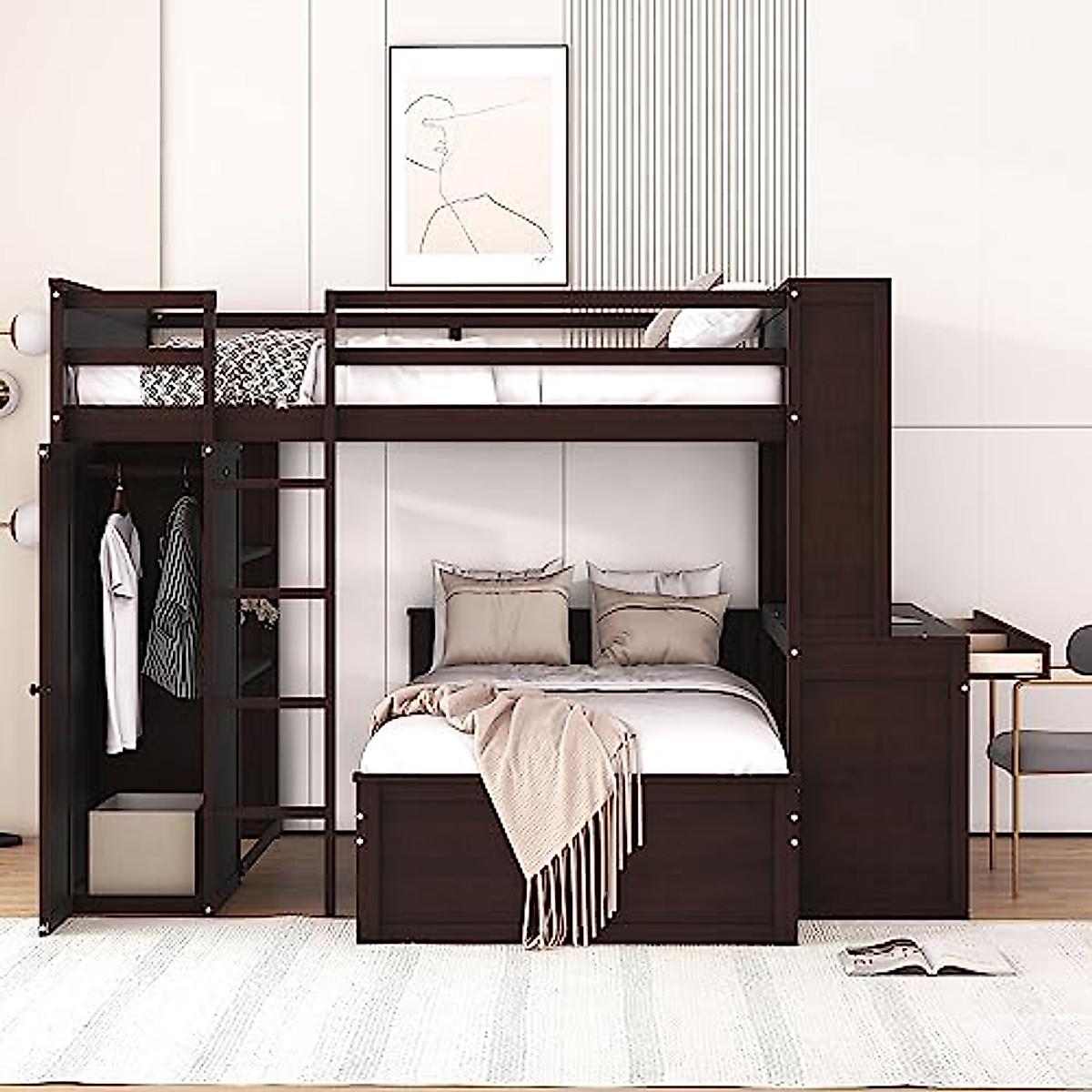 SOFTSEA Full Over Twin Bunk Bed with Desk, Full Size Loft Bed with Wardrobe and Storage, Wood Loft Bed with Stand-Alone Bed for Kids Teens (Espresso)