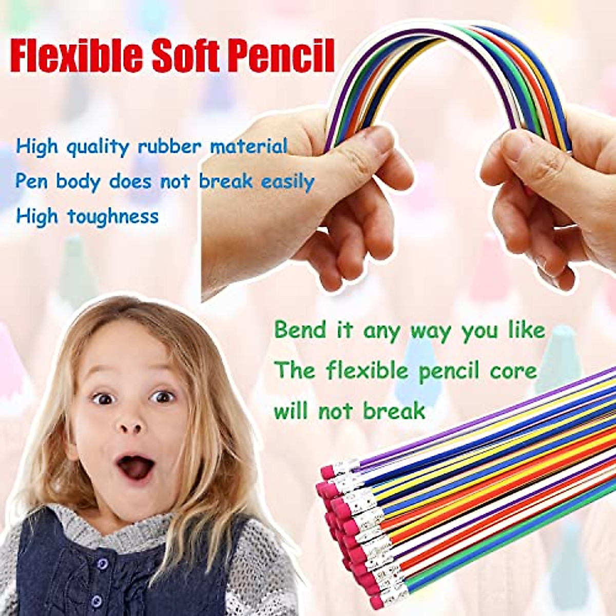 Guuozzli 45 Pack Flexible Soft Pencil,7.1 Inch Magic Bend Pencils,Soft Novelty Pencil with Eraser for Kids Gift Students School Classroom Supplies