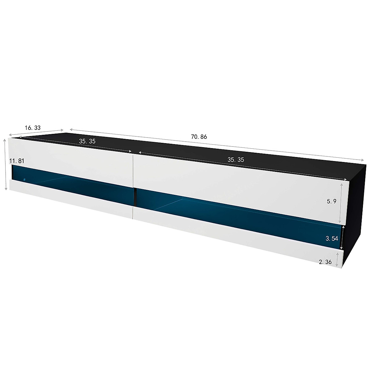 Knocbel Floating TV Shelf, LED Wall Mounted Media Console Cabinet Components Shelves Television Stand, Double Doors with Cable Holes, 110Lbs Weight Capacity, 70.9"L x 16.5"W x 11.8"H (White W/ Black)