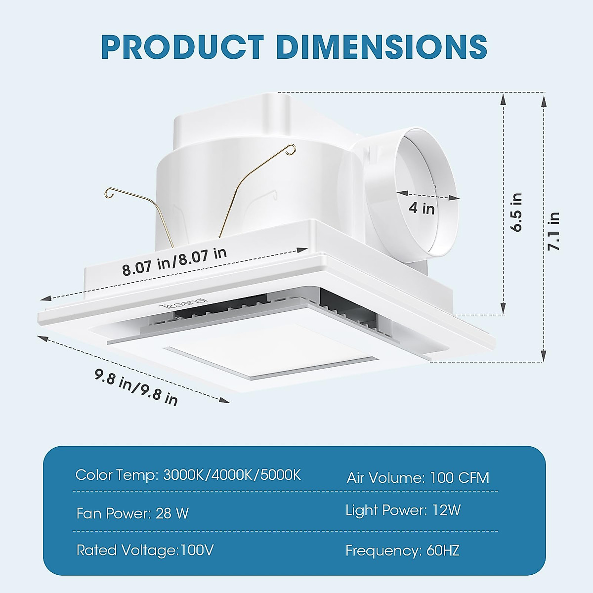 Tesansi Bathroom Exhaust Fan with Light, 12W Bathroom Fan with LED Light Combo - 100 CFM & 1.0 Sones, 3000K/4000K/5000K Adjustable - Low Noise Ventilation Fan for Home/Bath/Office/Hotel
