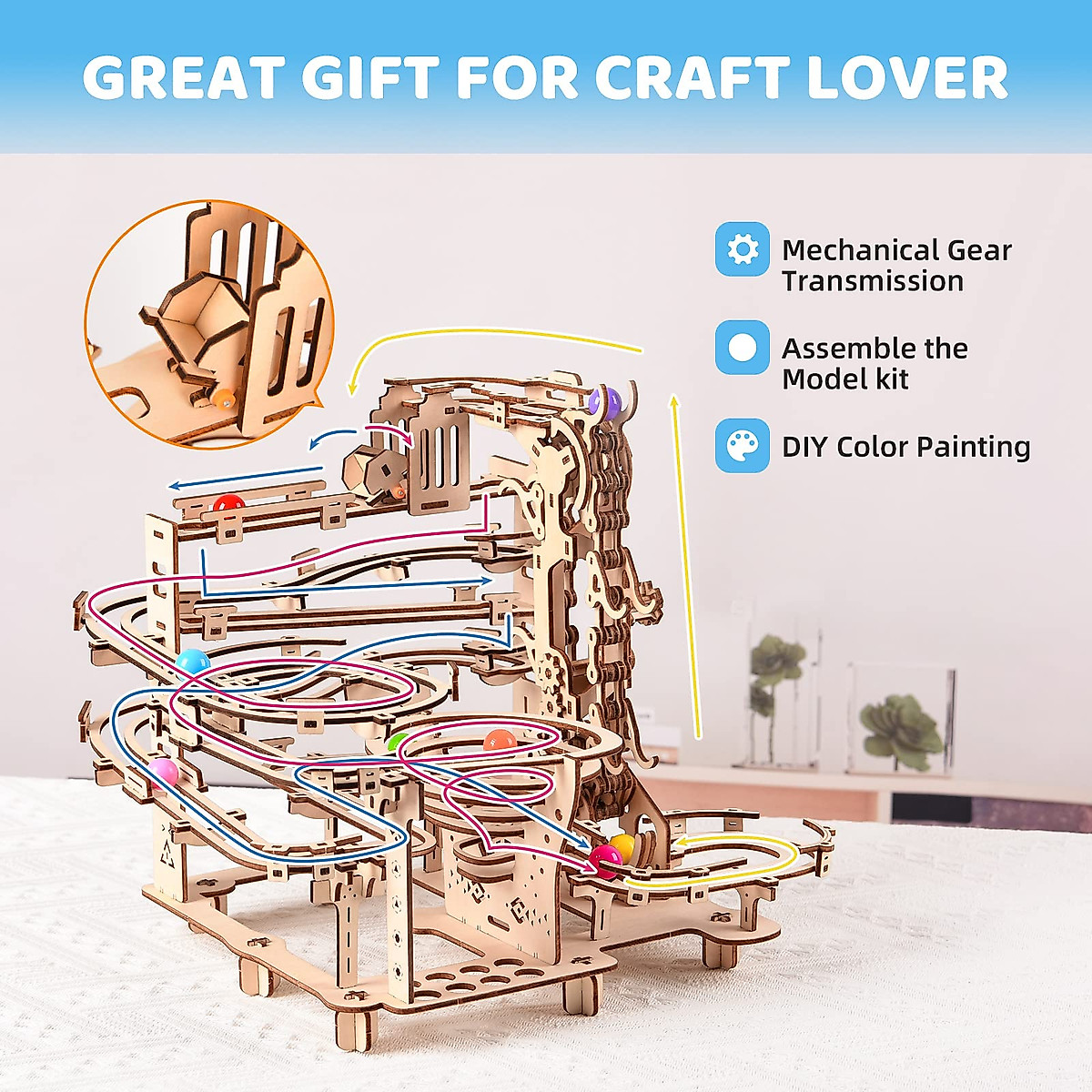 3D Wooden Puzzle Marble Running Kit - Mechanical Model Building Kit for Adults, Puzzle Brain Teaser Assembly Model, DIY Wooden Puzzle Hobby Toy Gift for Adults and Teens