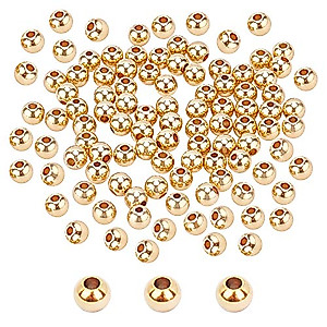 300pcs 4mm 14K Gold Plated Brass Beads Long-Lasting Round Smooth Spacer Beads Seamless Loose Ball Beads Gold Metal Beads for Summer Hawaii Stackable Necklace, Bracelet, Earring Making (Color : Gold,