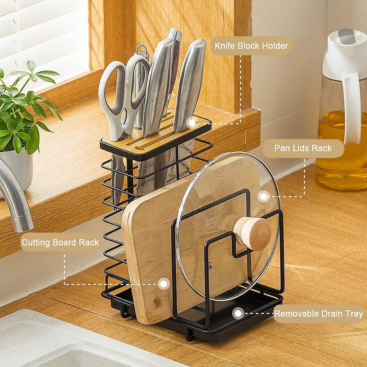 LINFIDITE Knife Block Holder Pot Lid Rack Cutting Board Organizer Holder Drying Rack with Draining Tray Kitchen Countertop Cabinet Pantry Bakeware Cookware Storage Stand Black
