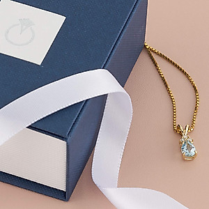 PEORA Solid 14K Yellow Gold Aquamarine with Diamonds Pendant for Women, Genuine Gemstone Birthstone Dainty Teardrop Solitaire, Pear Shape, 7x5mm