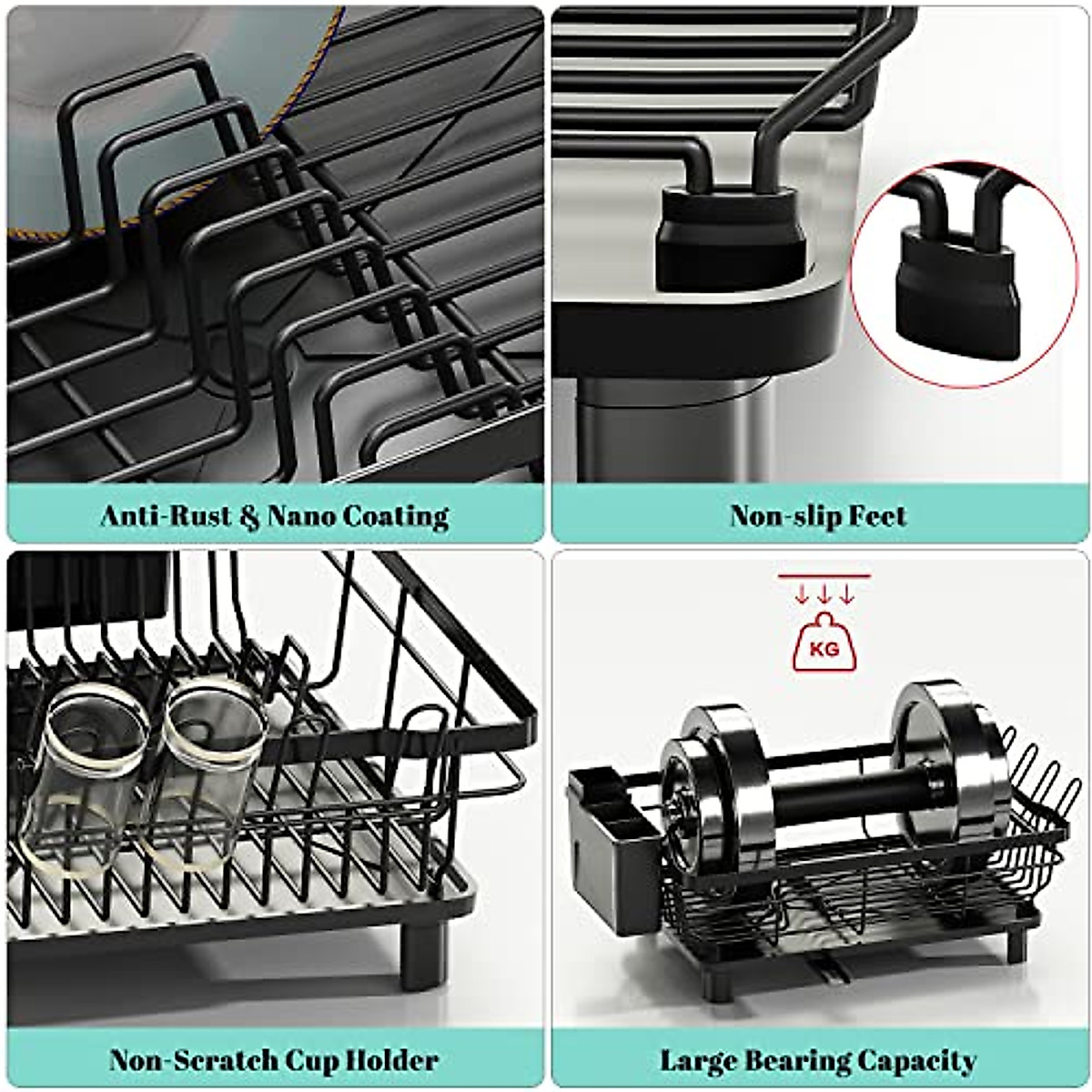 BUDO Dish Drying Rack, Stainless Steel Plate Rack with Drainboard, Removable Utensils and Cup Storage Holder, 360° Swivel Spout for Kitchen Counter (Black)