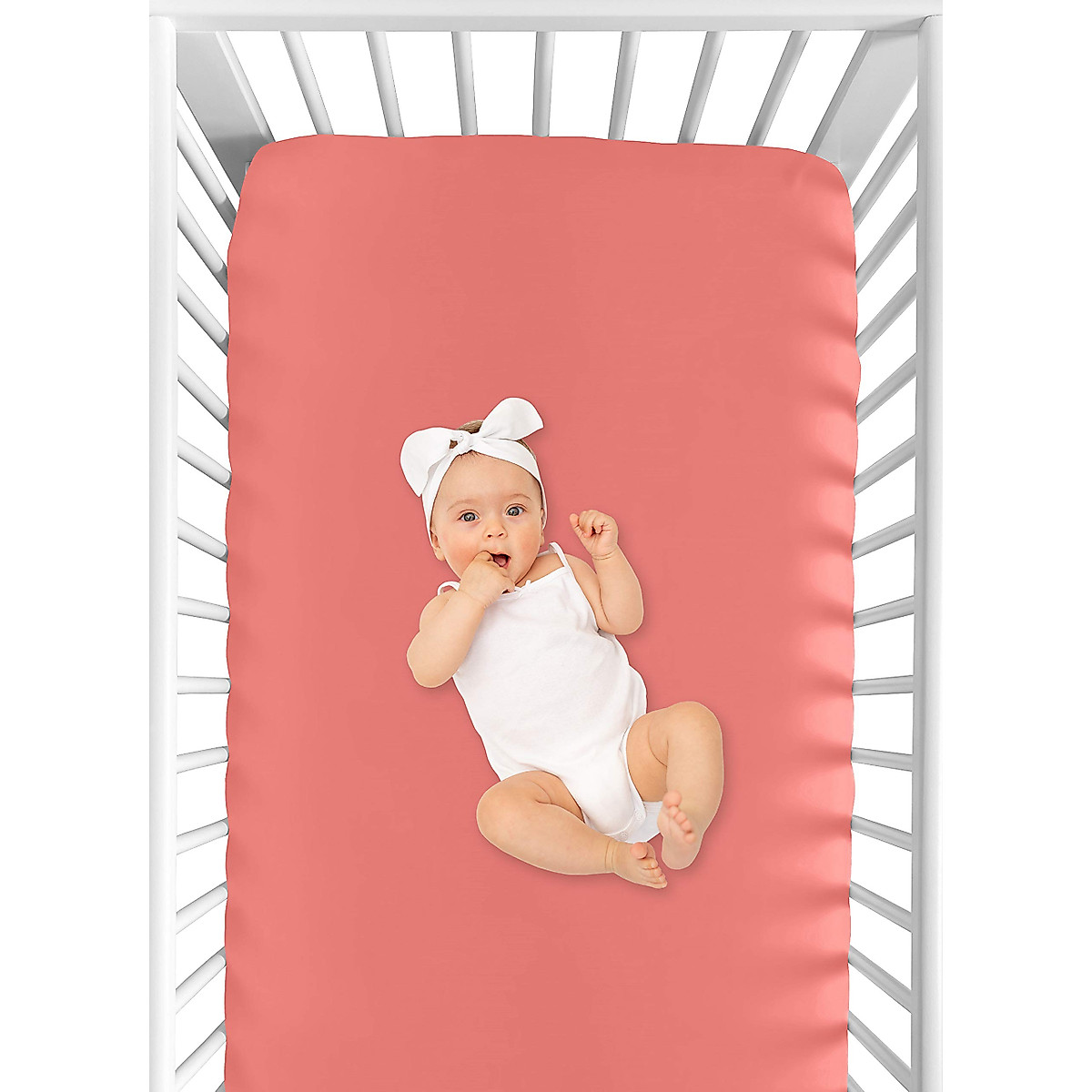 Fitted Crib Sheet for White and Coral Diamond Baby/Toddler Bedding - Solid Coral