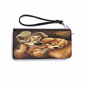 Wallets for Women,Dog Painting The Tramp and Lady,Genuine Leather Credit Card Holder with RFID Blocking Large Capacity Wristlet Coin Purse, Black 12, One Size