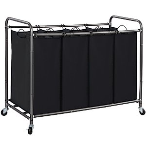 STORAGE MANIAC Laundry Sorter 4 Section, Hamper with Wheels and Removable Bags, Black