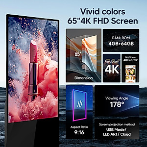 CAMINI 65 inch Digital Signage Floor Standing 4K Resolution Digital Signage Kiosk, LCD Digital Signage Kiosk, Android 11 OS Touch Screen with WiFi HDMI/USB Input Digital Signage Player