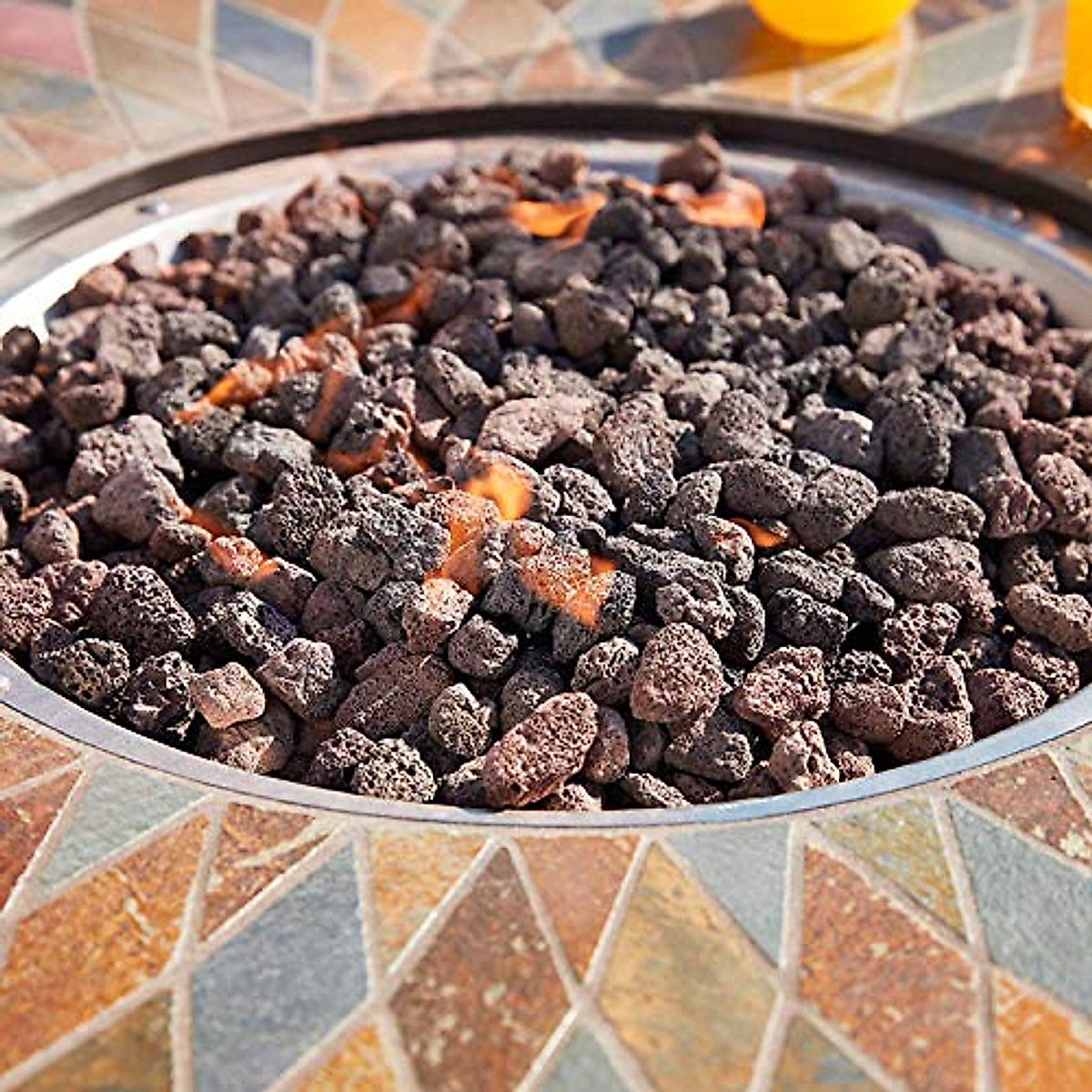 Pebble Lane LIving 42" Natural Slate and Copper Top Outdoor Propane Gas Fire Pit Table: Powder-Coated Black Frame