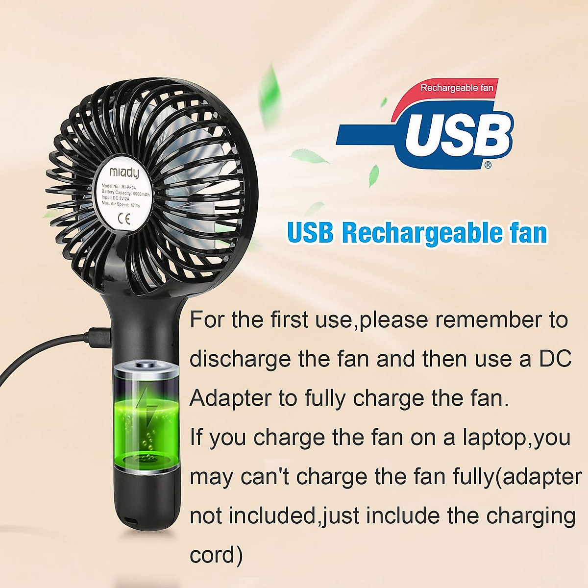 2-Pack Upgraded 5000mAh Portable Handheld Fan 3 Speed Mini USB Strong Wind 7-20 Hours Runtime Personal Electric Small Fan for Travel Office Outdoor