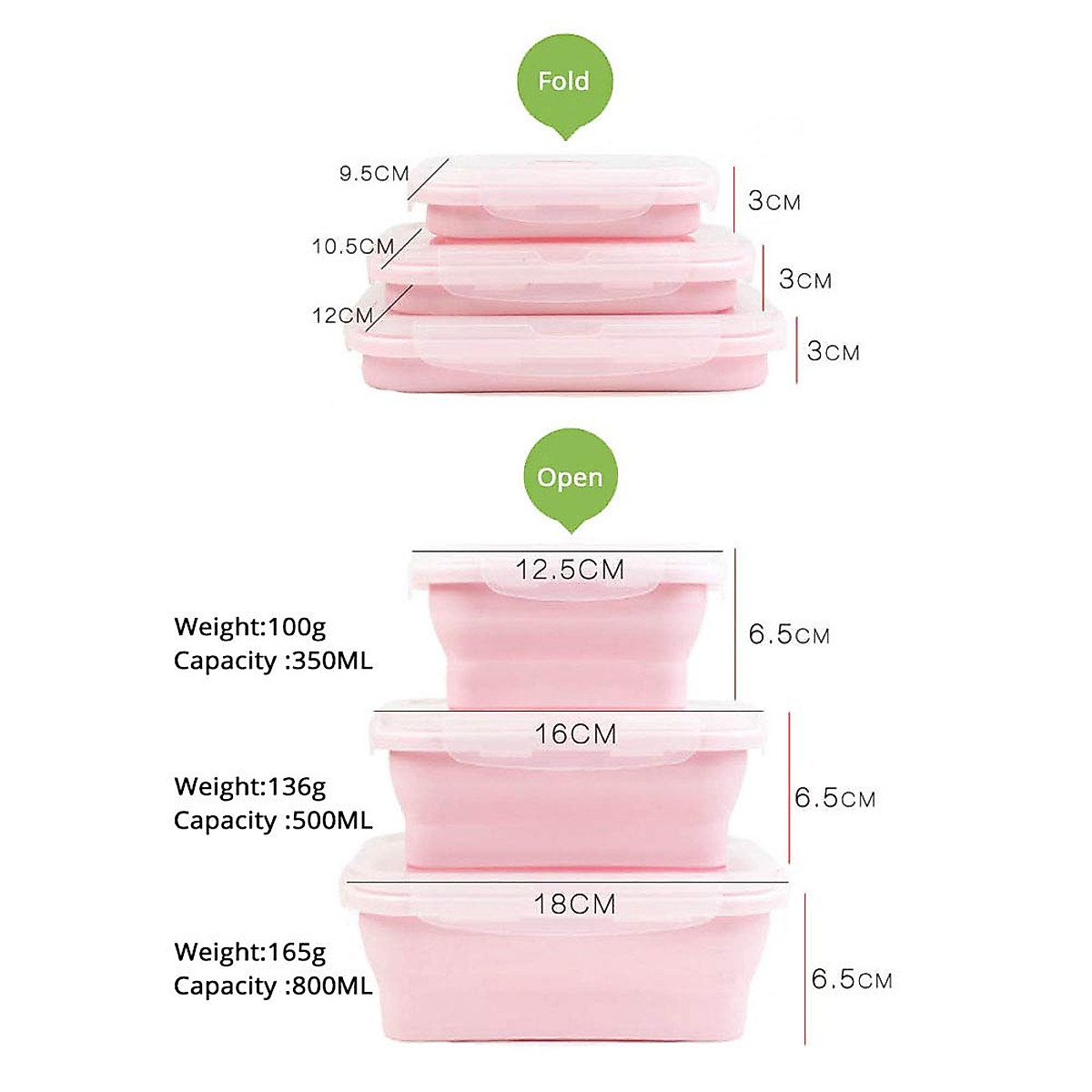Camping Silicone Food Storage Container, Collapsible Vegetable Fruit Container Storage Cabinet Silicone Food Storage Lunch Box 3 Set Microwave Safe Container (Pink)