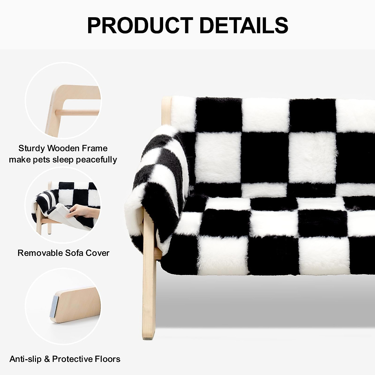 MEWOOFUN Cat Couch Bed, Pet Sofa for Indoor Cats Wooden Indoor Elevated Cat Beds with Removable Mattress Cover Suitable for Kitty, Puppy or Small Animal (Chessboard, Medium)