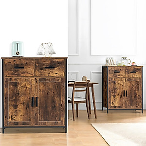 usikey Storage Cabinet with 2 Drawers & Adjustable Shelf, Freestanding Storage Cabinet, Sideboard, Accent Cupboard for Living Room, Entryway, Kitchen, Brown