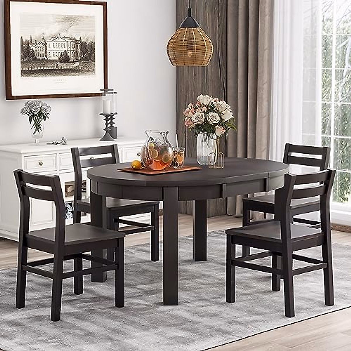 Dinehome 5 Piece Extendable Round Dining Table Set for 4-6 with Storage Drawers and Four Chairs,16" Removable Leaf, Espresso