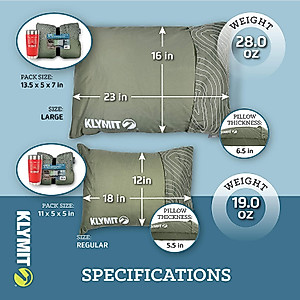 Klymit Drift Camping Pillow, Shredded Memory Foam Travel Pillow with Reversible Cover for Outdoor Use, Green, Regular