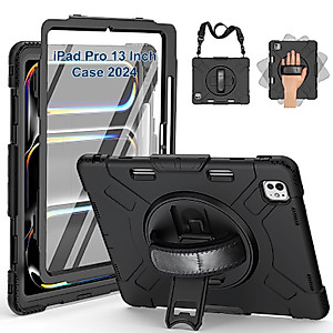 SUPFIVES Case for iPad Pro 13 Inch 2024 (7th Gen), with Screen Protector/Shoulder Strap/Pencil Holder/Handle/Rotating Stand, Green