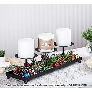 Candles Pillar Holder Tray Black Metal Base for Desk Top Decoration Table or Mantel Centerpiece in Dining & Living Room, Candelabra for Pillar & Sphere Candles, flameless LED (Set of 3)