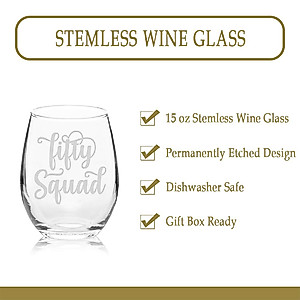 Veracco Fifty Squad Stemless Wine Glass 50th Birthday Gift For Him Her Fifty and Fabulous (Clear, Glass)