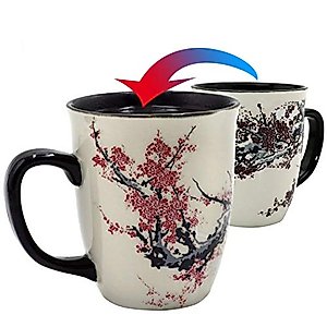 Asmwo Color Changing Heat Sensitive Magic Funny Art Mug Large Coffee Tea Plum Blossom Porcelain Mugs for Women Mom grandma Gifts 16oz Black Change Glow Red Cups