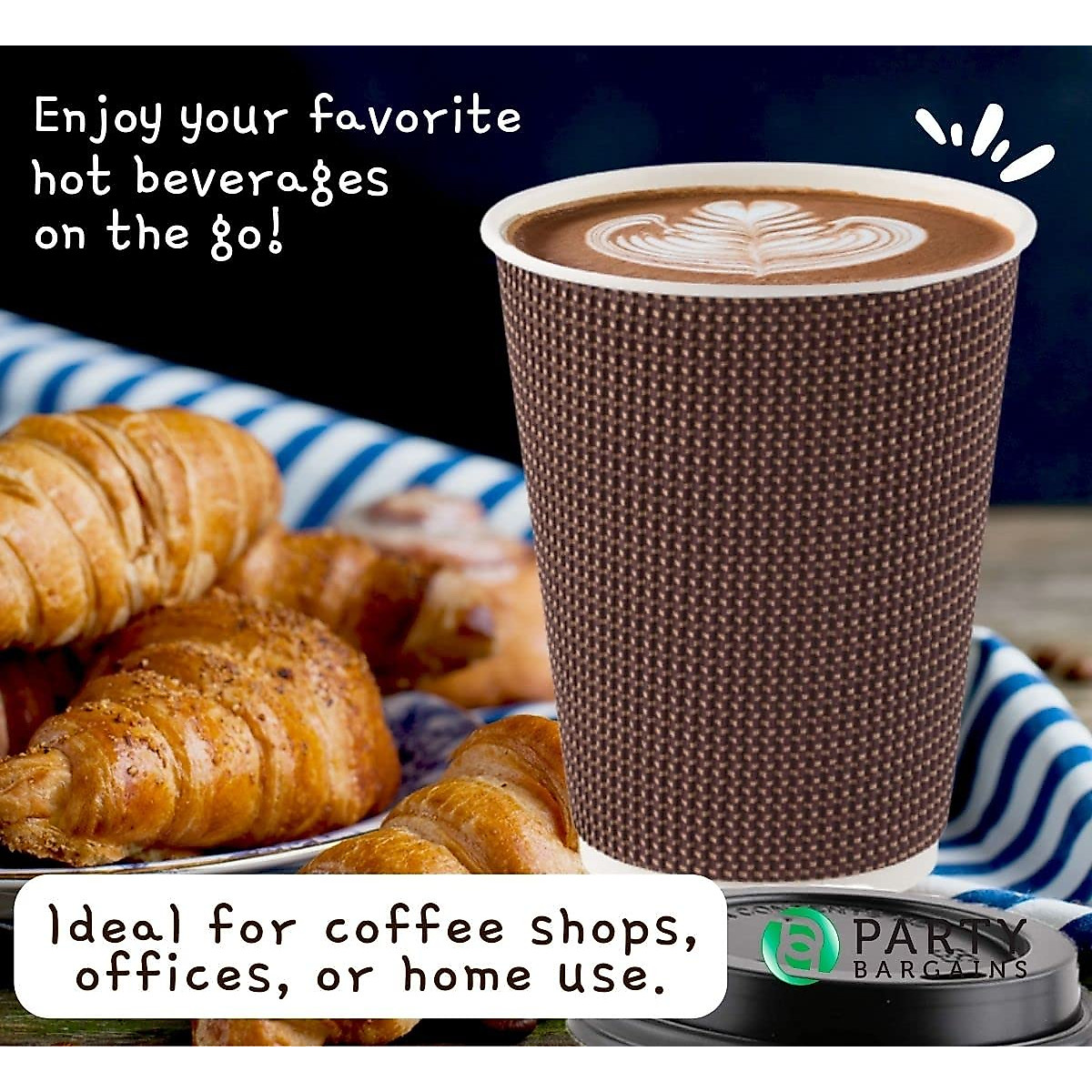PARTY BARGAINS Ripple Hot Cups with Lids, 16 oz, 40 Count, Brown, Insulated Double Wall, Disposable Paper Coffee Cups, To-Go Cup, Tea, Hot Beverages, No Sleeve Needed