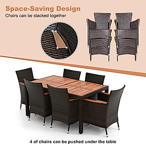 HAPPYGRILL 7 Pieces Rattan Wicker Patio Dining Set, Outdoor Dining Set with Cushions, Large Dining Table with Acacia Wood Top, Outside Dining Furniture Set with Umbrella Hole