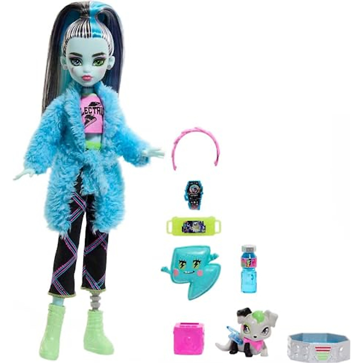 Monster High Doll, Frankie Stein Creepover Party Set with Pet Dog Watzie, Sleepover Clothes and Accessories