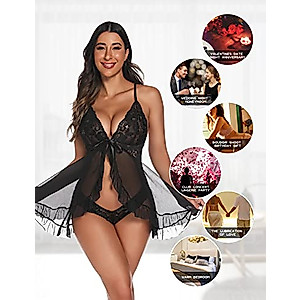 Queenfox Lingerie for Women Front Closure Babydoll Lace Chemise V Neck Ruffle Nightgown Sleepwear Black