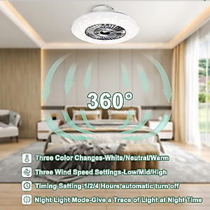 DLLT LED Remote Ceiling Fan with Light Kit-40W Modern Dimmable Ceiling Fan Lighting, 7 Invisible Blades Ceiling Fans, 23 Inch Ceiling Lighting Fixture Flush Mount, 3 Color Changeable, 3 Files, Timing