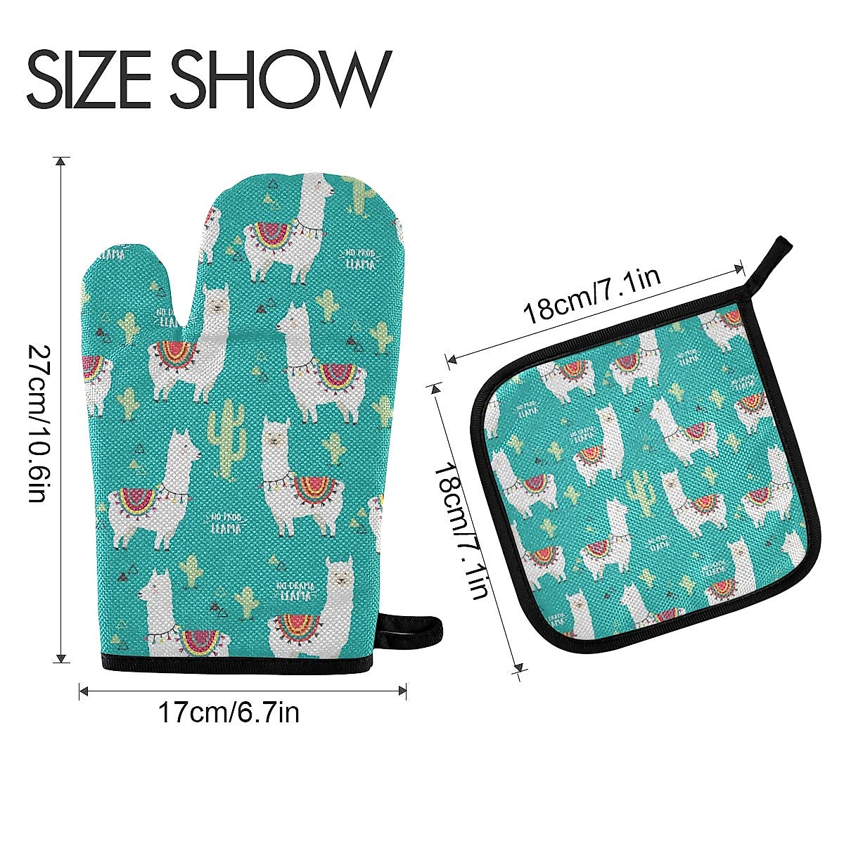 Qilmy Llama Oven Mitts and Pot Holders Heat Resistant Gloves Kitchen Counter Safe Mats for BBQ Cooking Baking Grilling Microwave