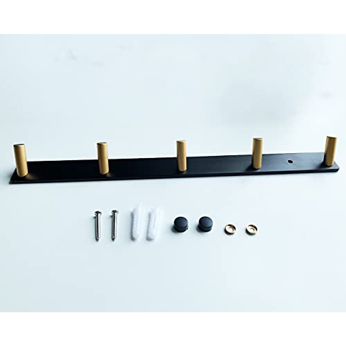 Estrend Wall Mounted Coat Rack Adhesive & Screw in Aluminium Entryway Rack Black and Gold Robe Towel Hooks, 5 Hooks, 13.4"